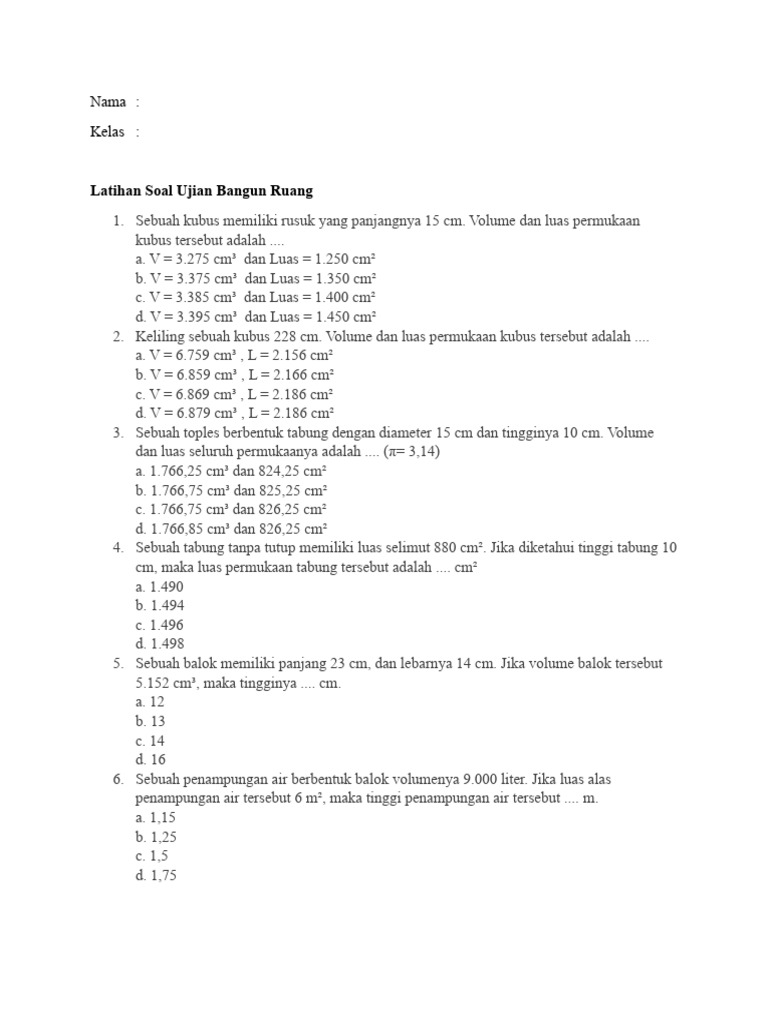 Soal Latihan Bangun Ruang Kelas 6 | PDF