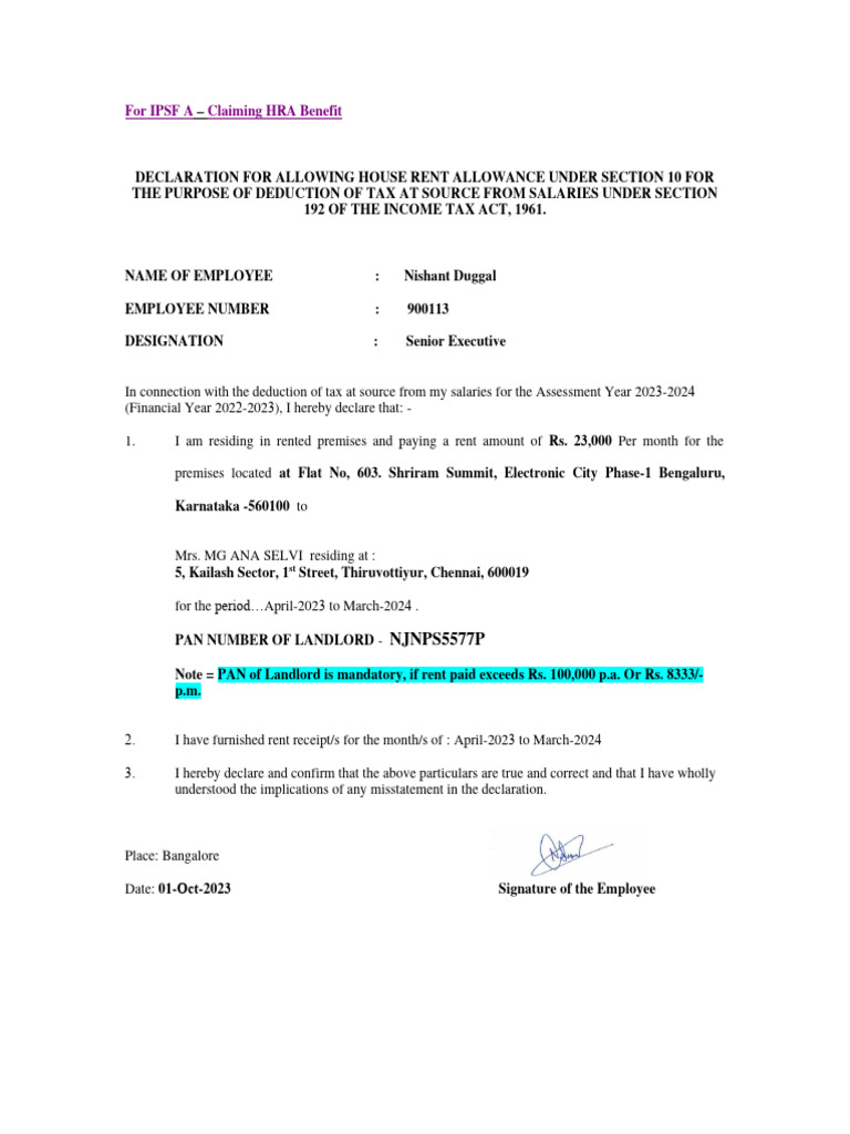 HRA Declaration for Tax Deduction | PDF