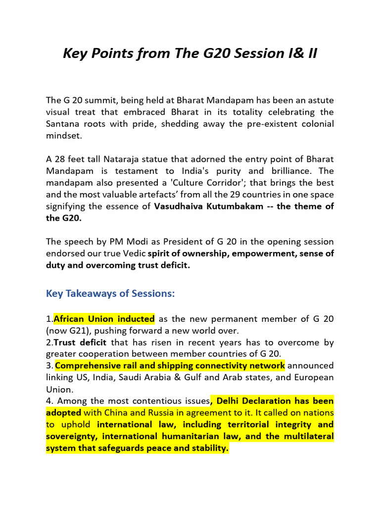 G 20 Session 1 & 2 - Key Points | PDF | Economies | Global Politics