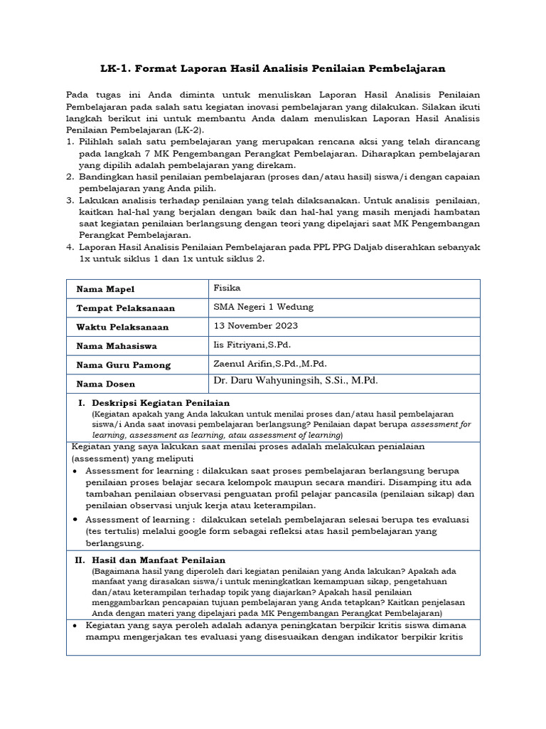 Format Hasil Asesmen Pembelajaran-Iis Fitriyani | PDF | Karier & Perkembangan | Bisnis