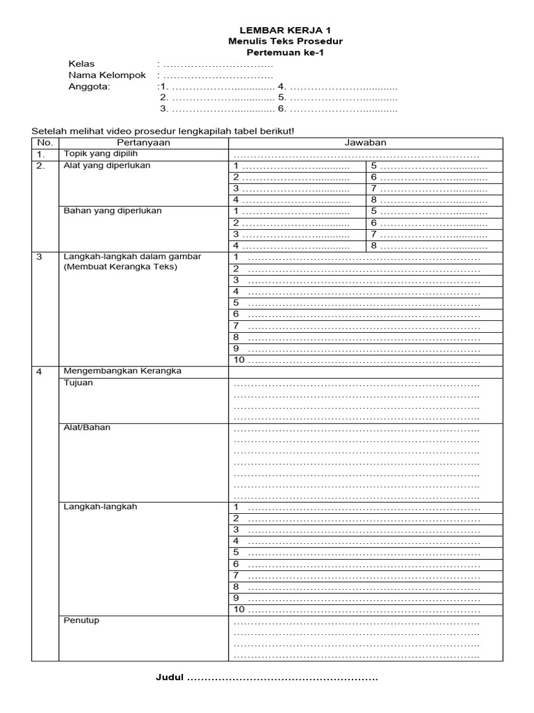 Lembar Kerja 1 Menulis Teks Prosedur Pertemuan Ke-1: Topik Yang Dipilih Alat Yang Diperlukan | PDF