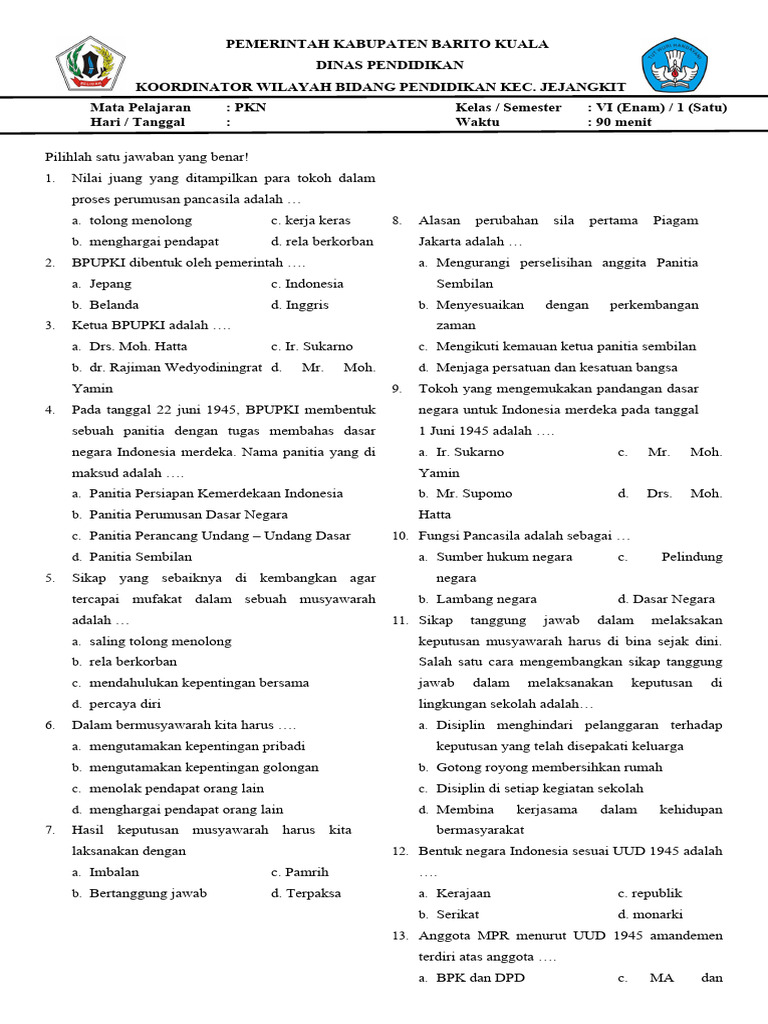 SOAL UAS SEMESTER 1 KELAS 6 MAPEL PKN | PDF
