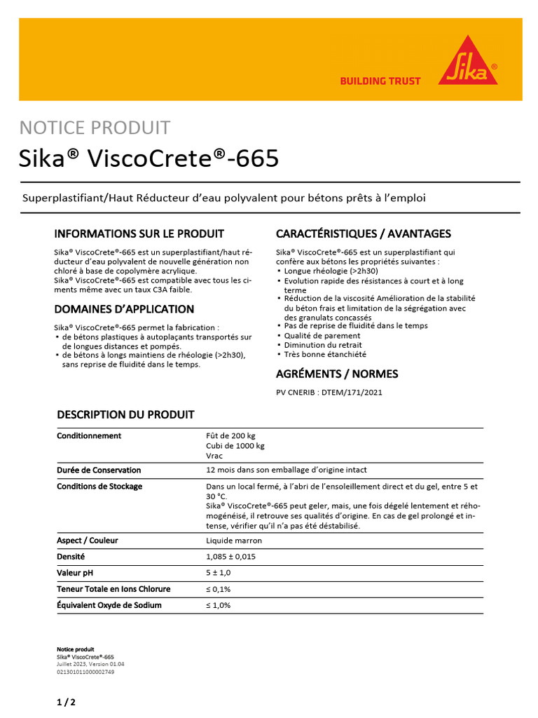 Sika Viscocrete 665 | PDF | Béton | Sciences physiques