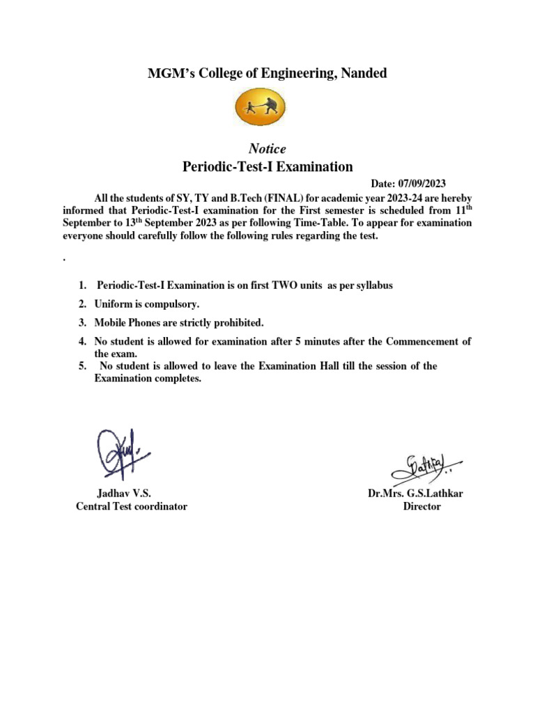Periodic TEST - I Student Notice | PDF