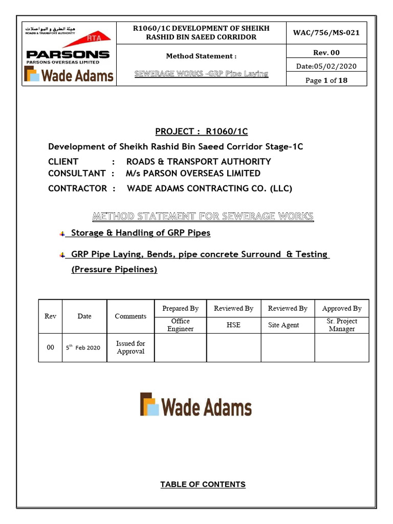 GRP Pipe Laying Method Statement | PDF | Pipe (Fluid Conveyance) | Concrete