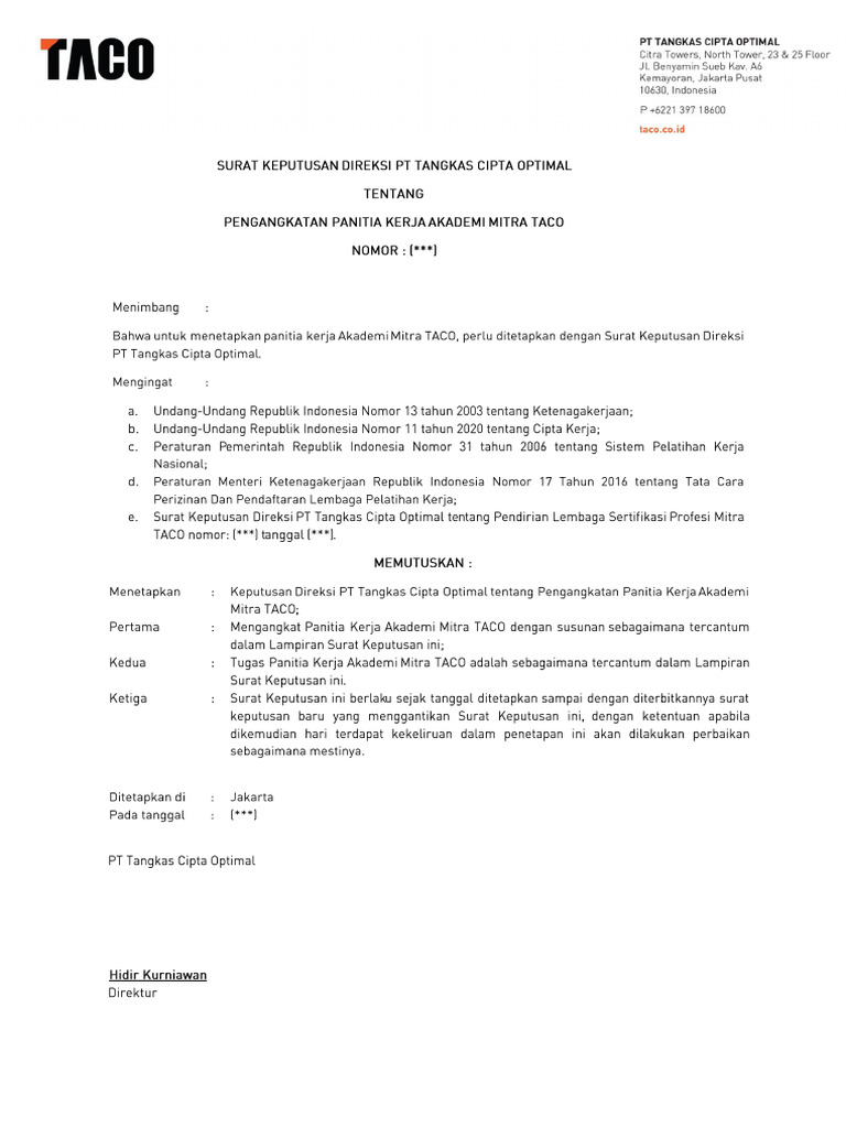 Draft SK Pengangkatan Panitia Kerja Oleh Pendiri LPK | PDF