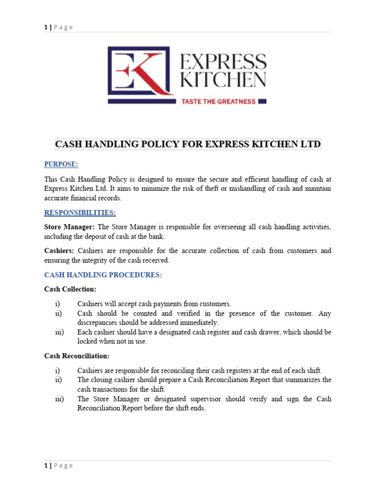 Cash Handling Policy For Express Kitchen LTD | PDF | Cash | Economies