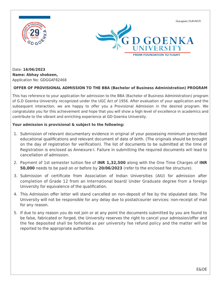 Provisional Admission Offer for BBA Program | PDF | Fee