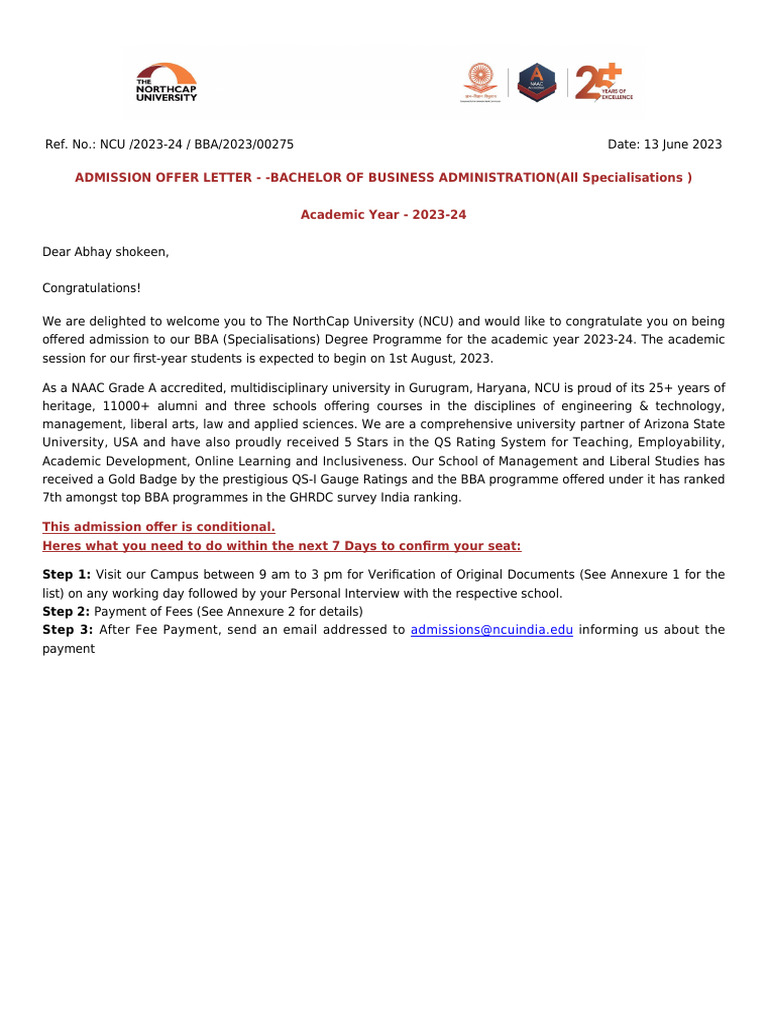 NCU BBA Admission Offer 2023-24 | PDF | Banks