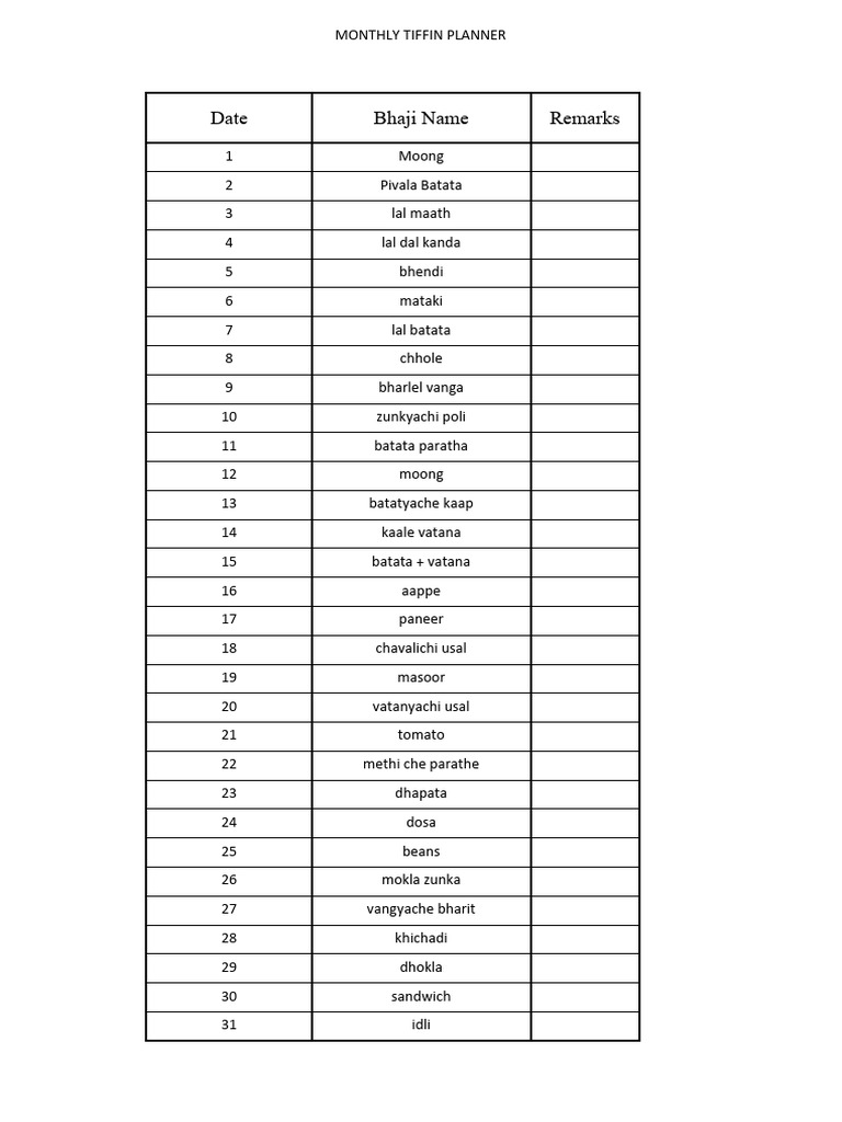 Monthly Tiffin Service Menu Chart | PDF