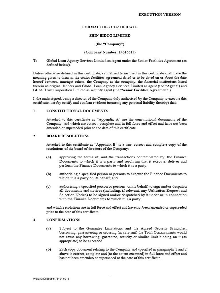 Shin Bidco Limited Formalities Certificate | PDF | Governance | Private Law