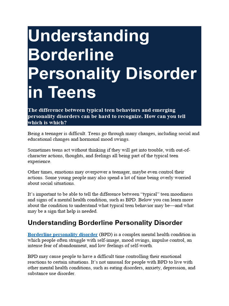 Understanding Borderline Personality Disorder in Teens | PDF ...