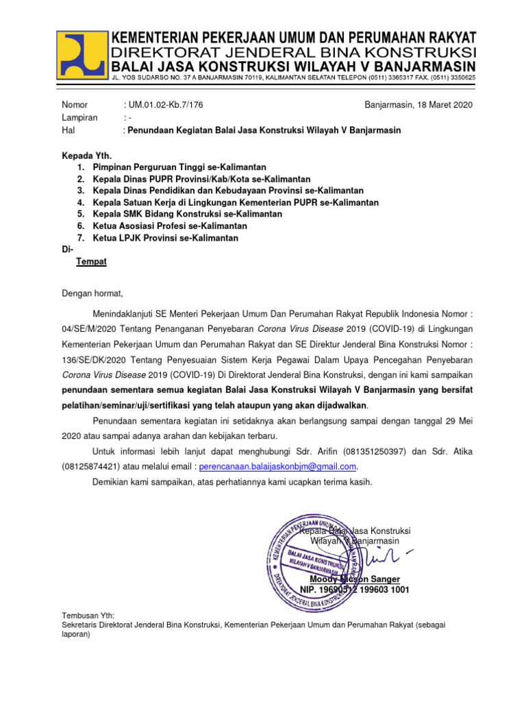 Surat Penundaan Kegiatan BJKW V Banjarmasin | PDF
