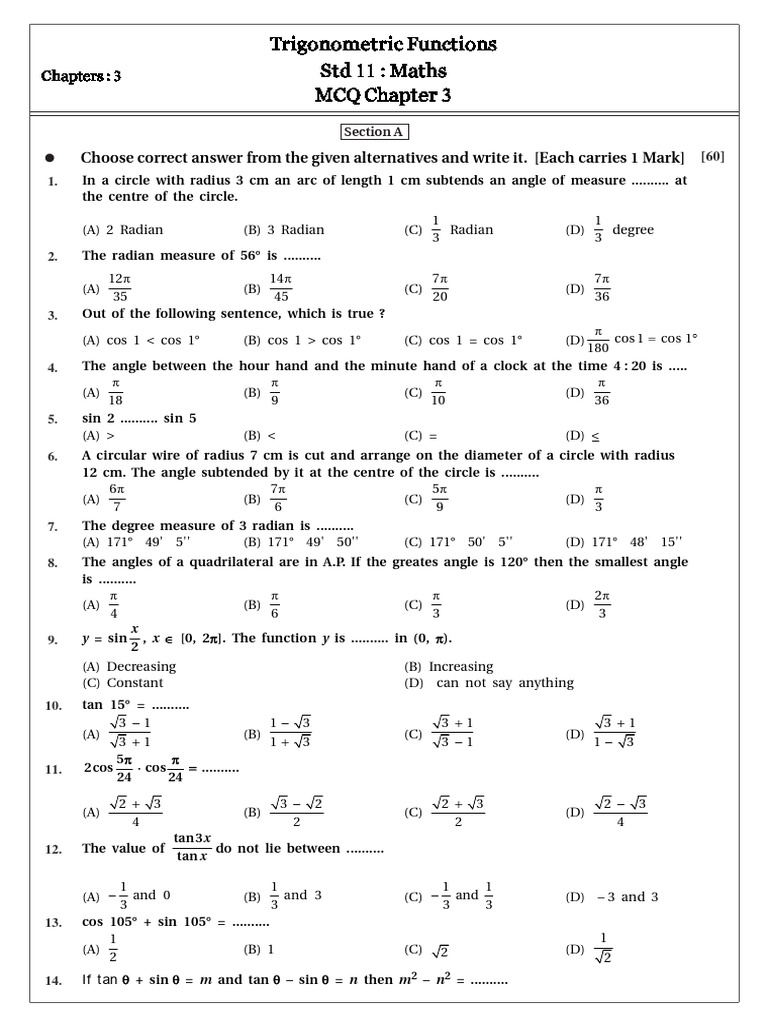 MCQ Chapter 3 | PDF | Trigonometric Functions | Angle