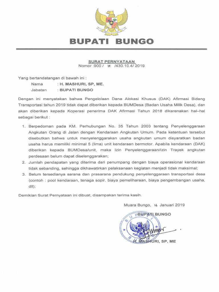 Surat Pernyataan Bupati | PDF