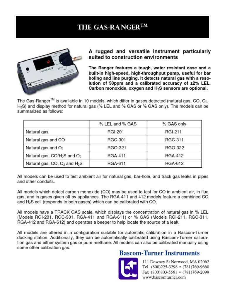 GasRanger Models Specs | PDF | Carbon Monoxide | Natural Gas