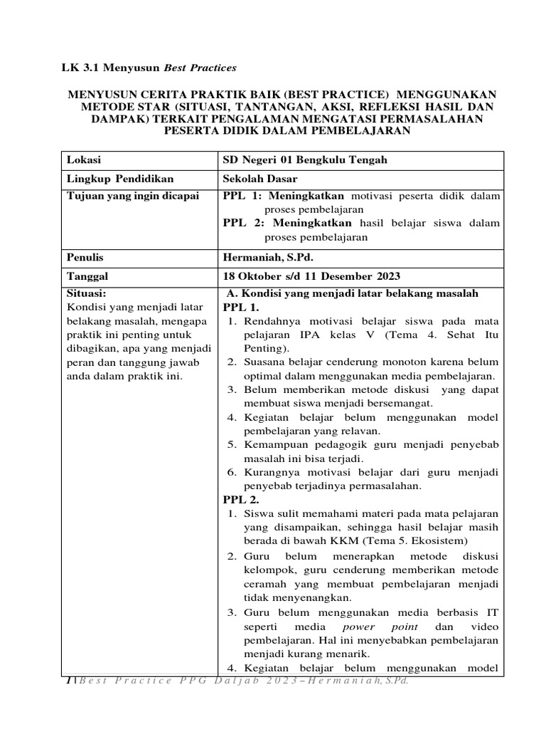 Laporan Best Practice PPG Daljab 2023 (Hermaniah, S.PD) | PDF