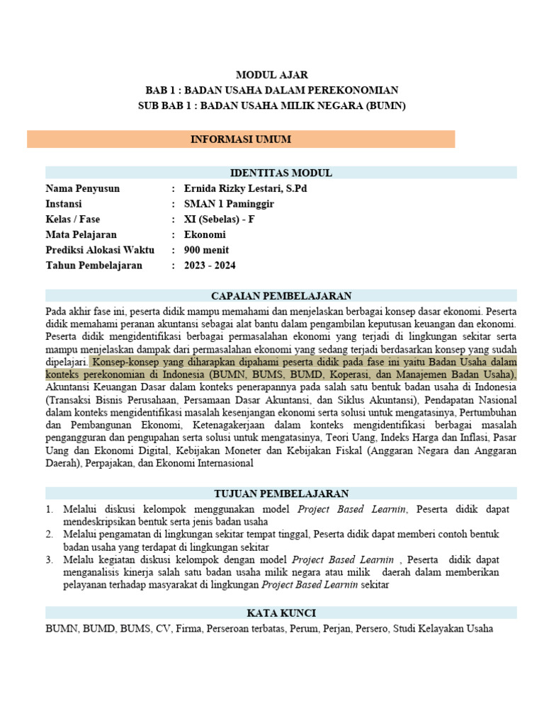 Modul Ajar Ekonomi 11 Bab 1 - Badan Usaha Dalam Perekonomian | PDF