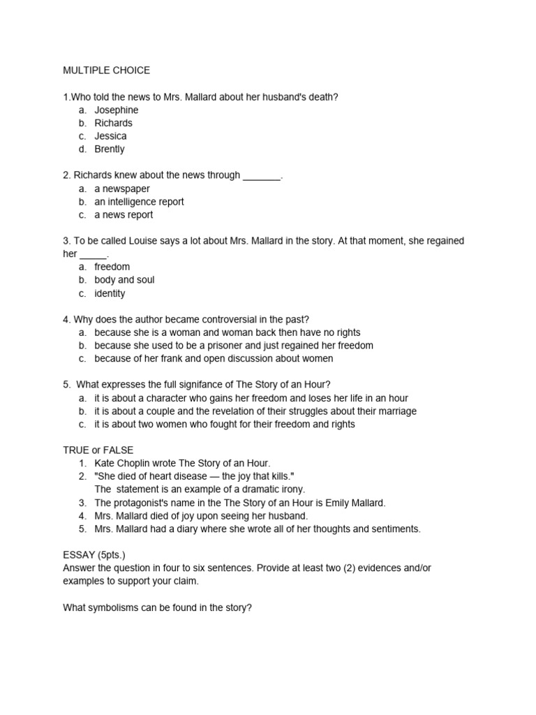 MCQs and Answers for "The Story of an Hour" | PDF