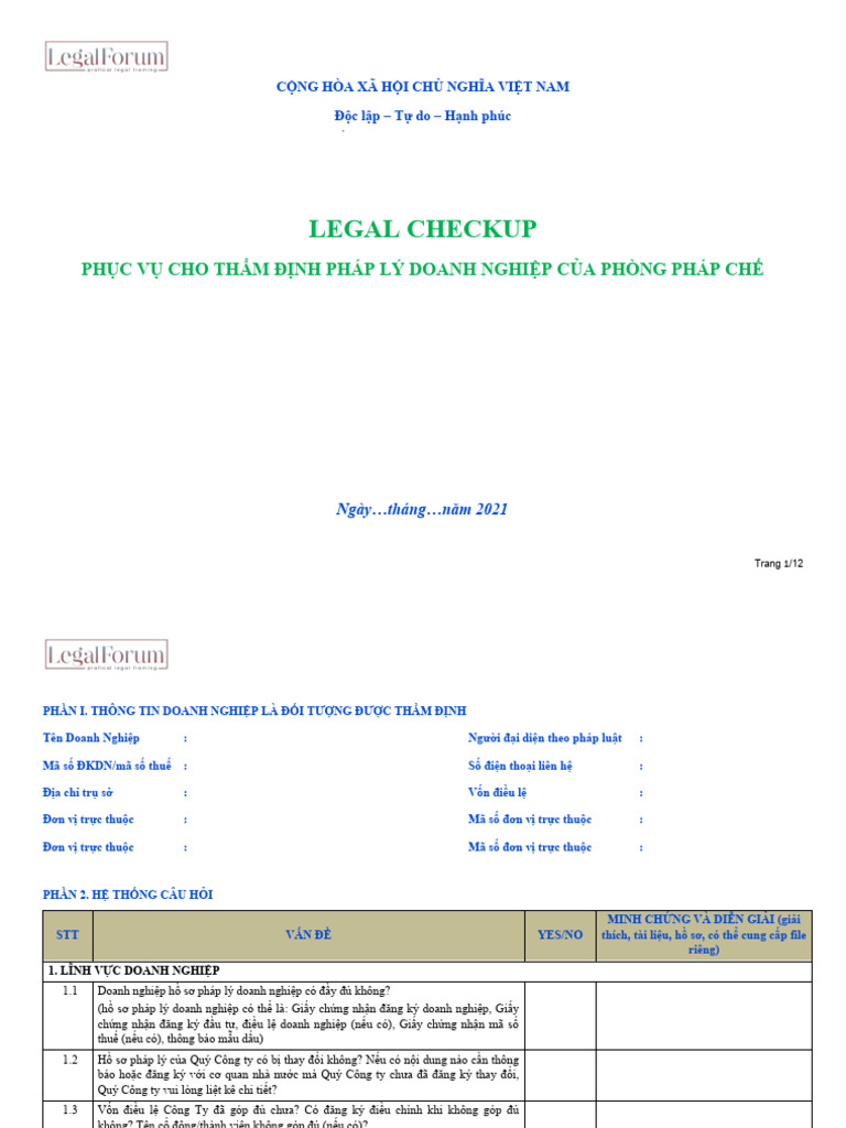 6. Legal Checkup_Form cơ bản và tiếng việt_LEGAL FORUM_Mr.Hung | PDF