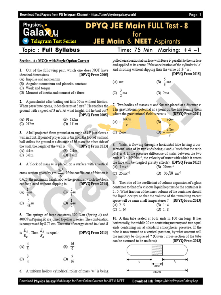 JEE Main DPYQ Full Syllabus PAPER-8 | PDF | Force | Physics