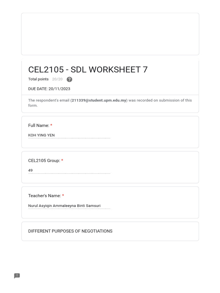 Cel2105 - SDL Worksheet 7 | PDF | Negotiation | Cognition