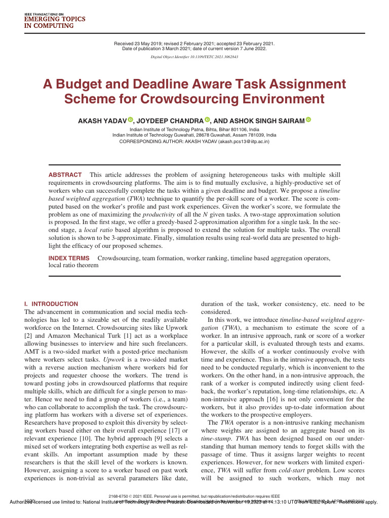 A Budget and Deadline Aware Task Assignment Scheme For Crowdsourcing Environment | PDF ...