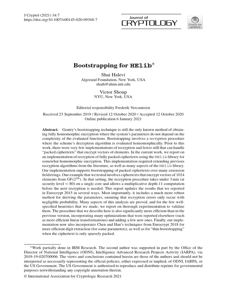Bootstrapping For HElib | PDF | Encryption | Secure Communication