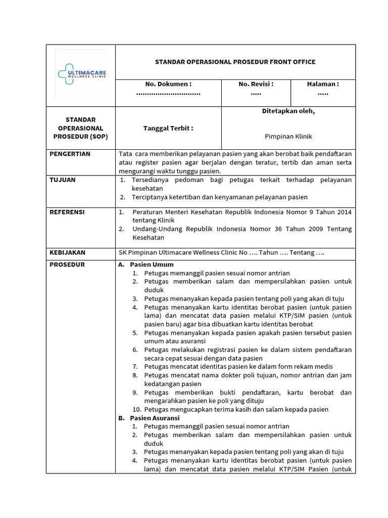 Standar Operasional Prosedur Front Office | PDF