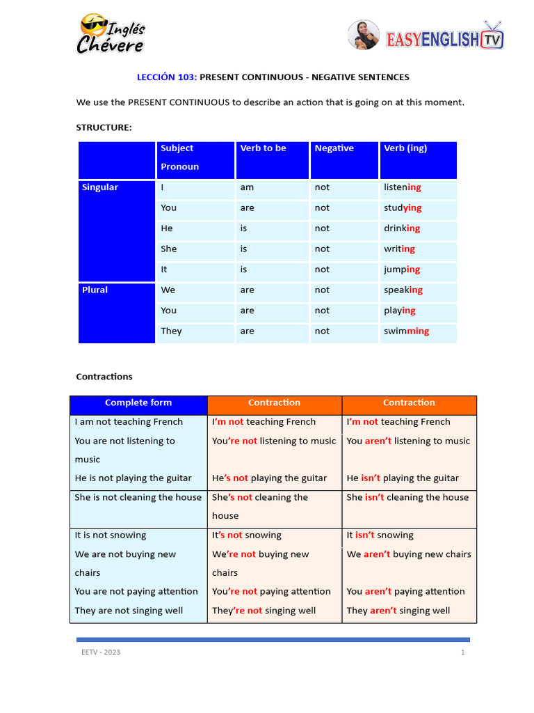 Lección 103 - Present Continuous - Negative Sentences - Eetv | PDF ...