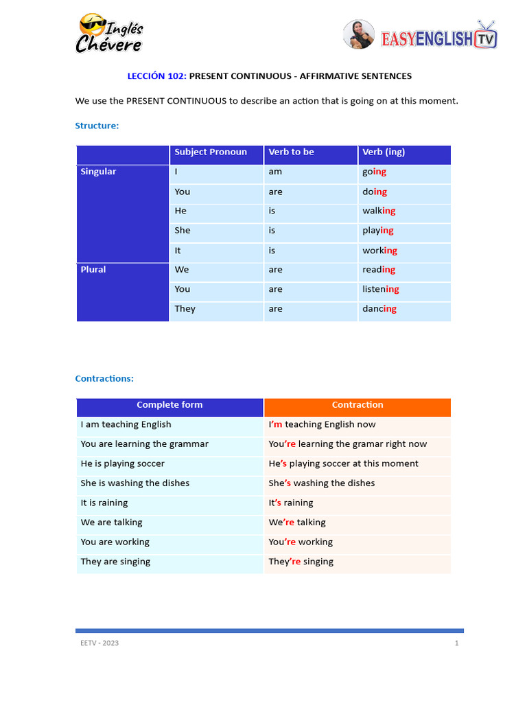 Present Continuous Affirmative Guide | PDF | English Language ...