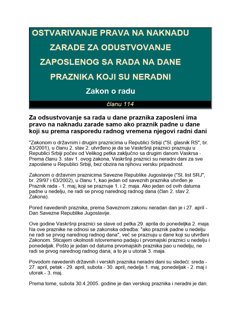Ostvarivanje Prava Na Naknadu Zarade Za Odustvovanje Zaposlenog Sa Rada Na Dane Praznika Koji Su ...