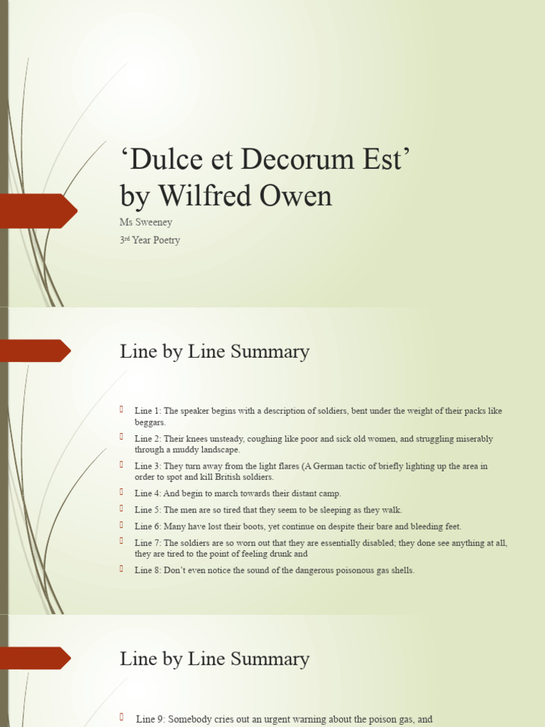 Dulce Et Decorum Est Line by Line Summary Key Quotes Diarmuid Whelan | PDF