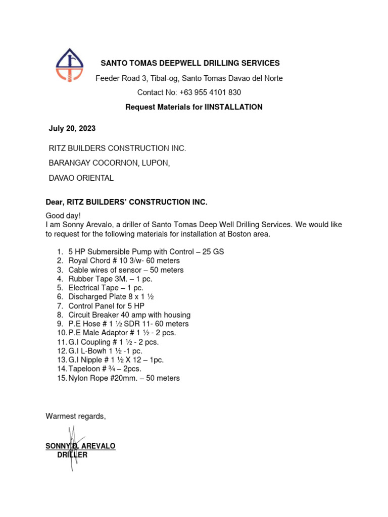 Request for Installation Materials | PDF