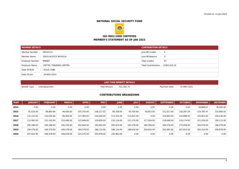 NSSF Member Statement-3196 | PDF | Public Finance | Government Programs