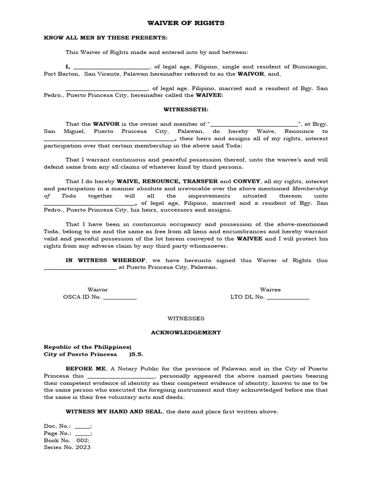 Waiver of Right Pab | PDF | Civil Law (Common Law) | Legal Concepts