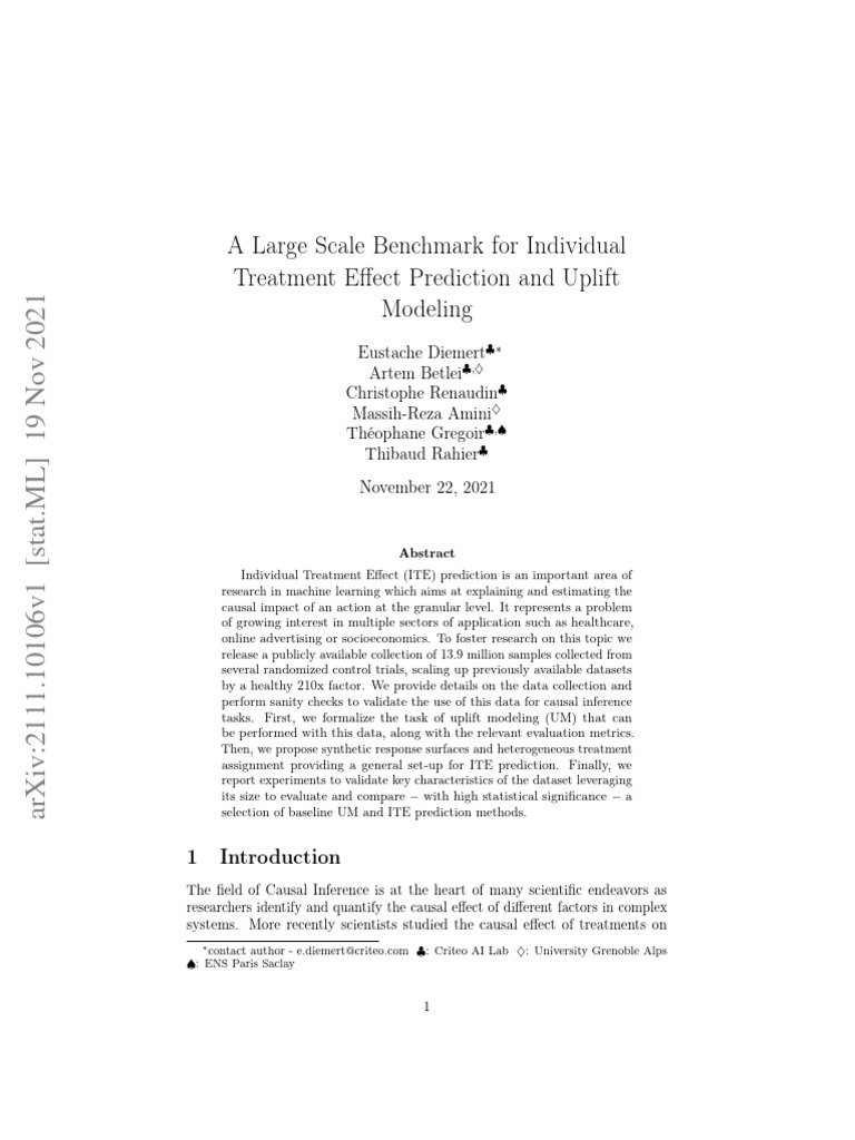 A Large Scale Benchmark For Individual Treatment Effect Prediction and Uplift | Download Free ...