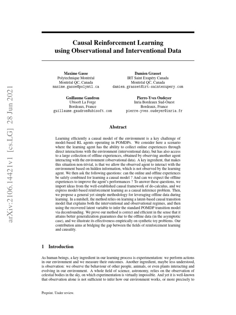 Causal Reinforcement Learning Using Observational and Interventional Data | PDF | Causality ...