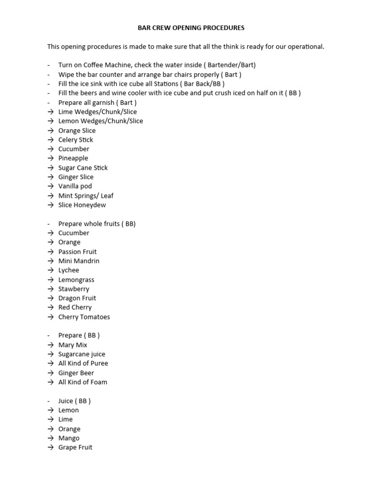 2 SOP Opening N Closing Procedures | PDF | Drink | Foods
