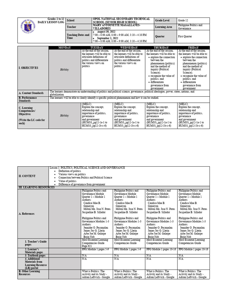 DLL PPG 1st Sem Week 1 | PDF | Teachers | Learning