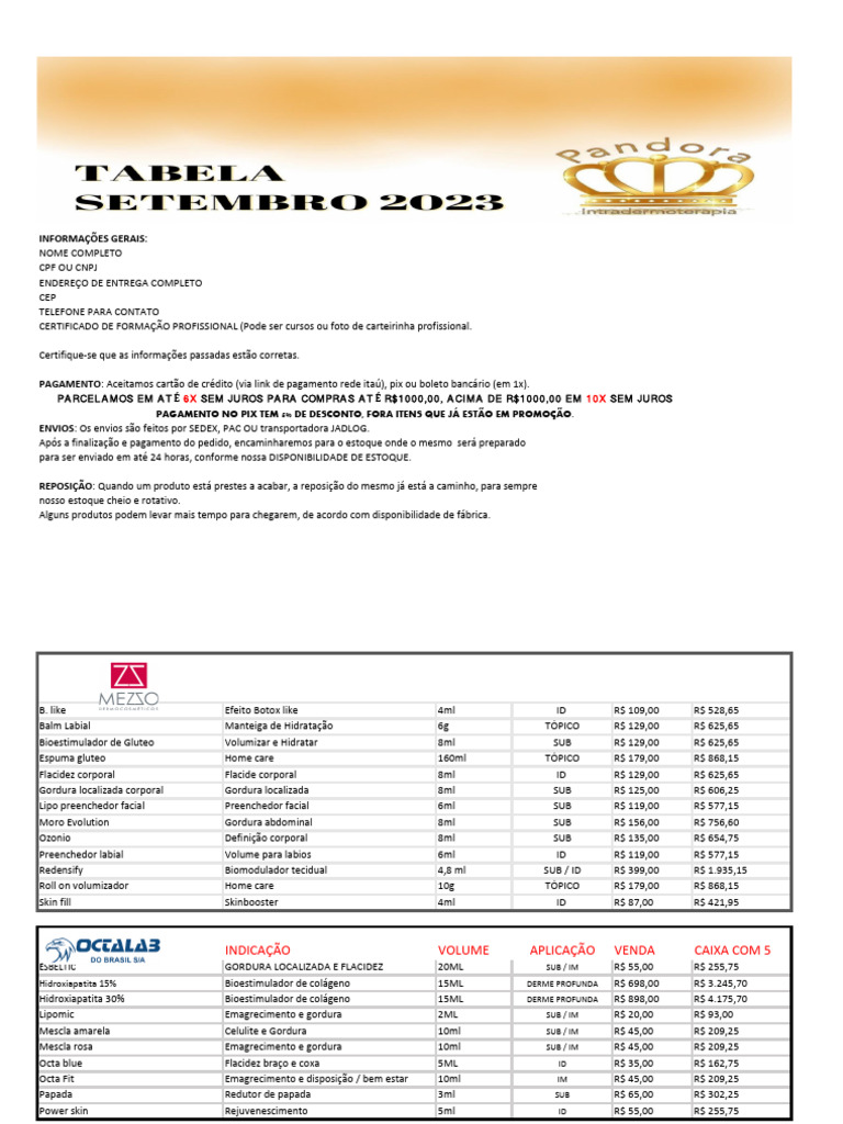 Tabela Pandora Setembro 2023 | PDF