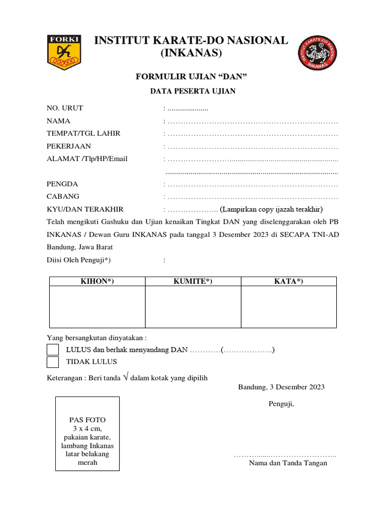 Formulir Ujian DAN INKANAS 2023 | PDF