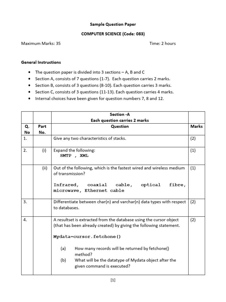 CBSE Class 12 (Term-2) Computer Science Sample Question Paper 2021-22 ...