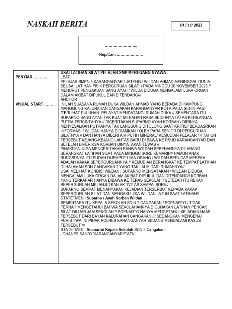 Usai Latihan Silat Pelajar SMP Meregang Nyawa | PDF