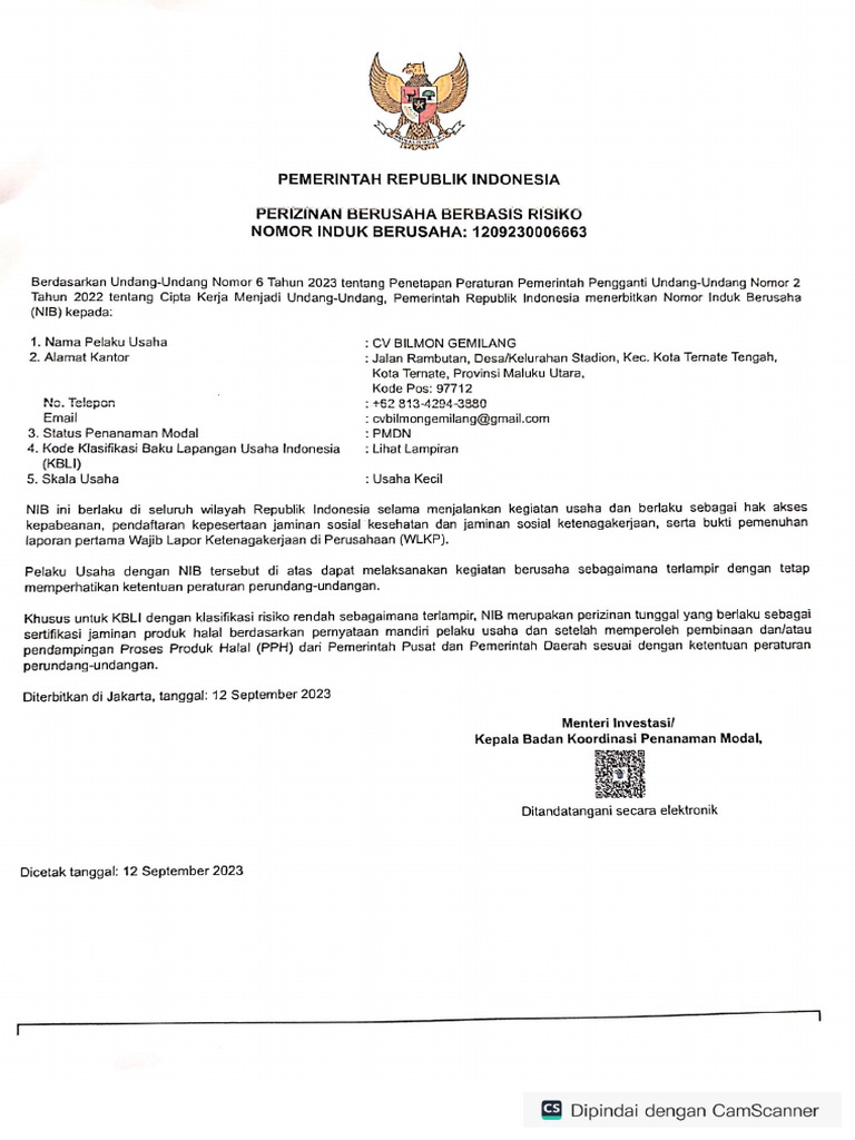 Nib CV Bilmon Gemilang | PDF