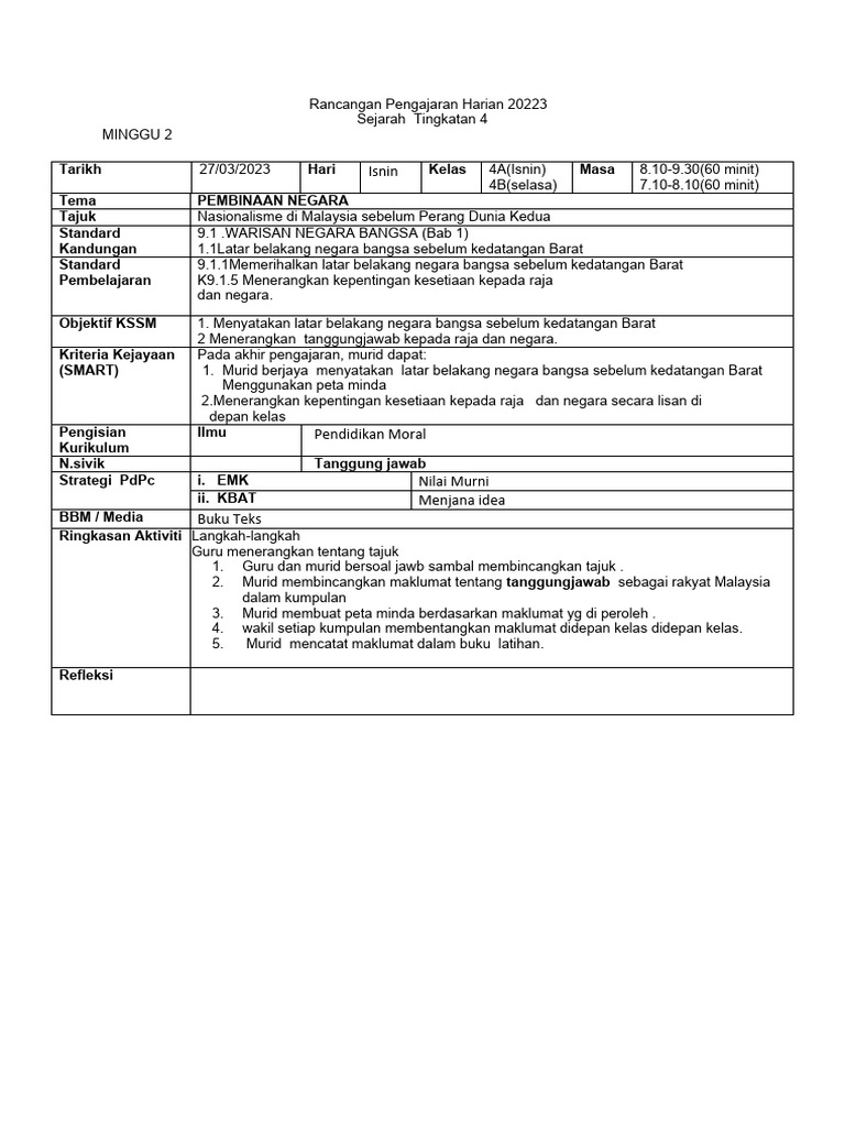 RPH Sej Ting 4 Terkini 20223 | PDF