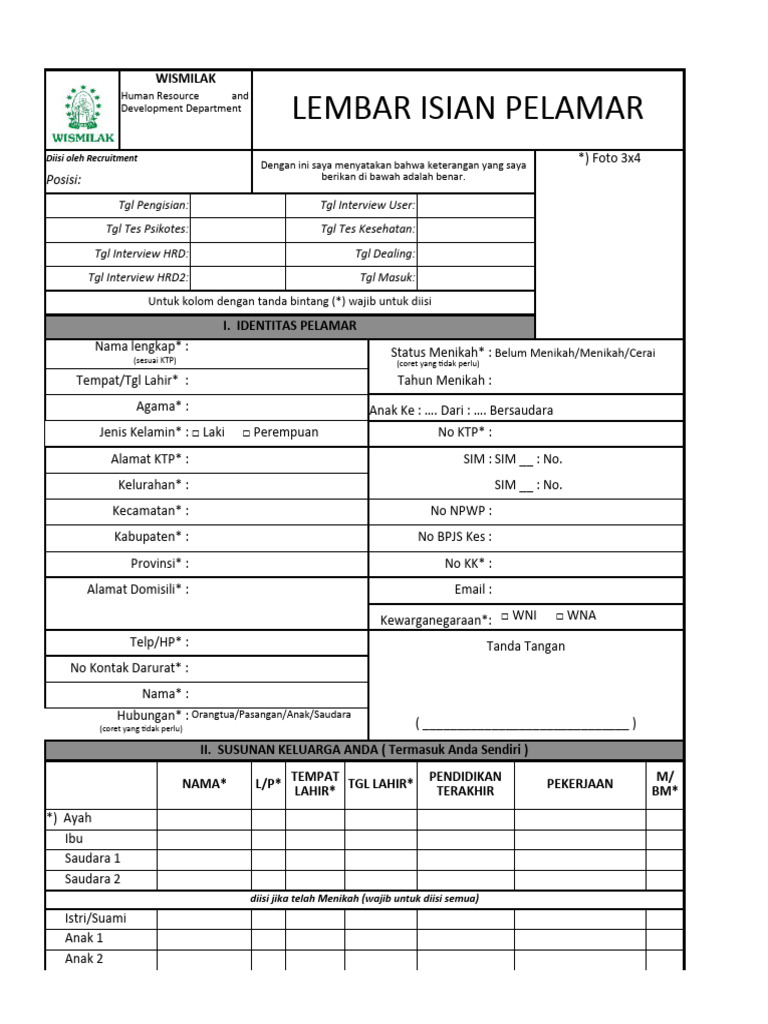 Lembar Isian Pelamar - Recruitment | PDF