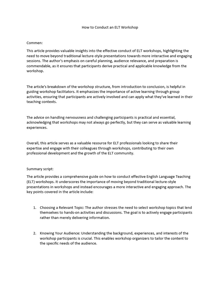 How To Conduct An ELT Workshop - Speaking | PDF | Learning | Behavior Modification