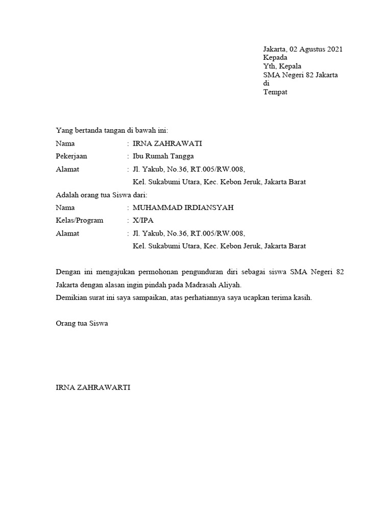 Surat Pengunduran Diri SMA 82 Jakarta | PDF