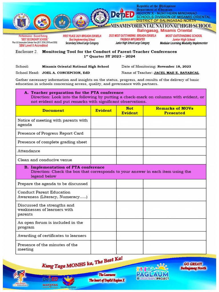 Monitoring Tools PTA Meeting Teachers | PDF | Behavior Modification ...